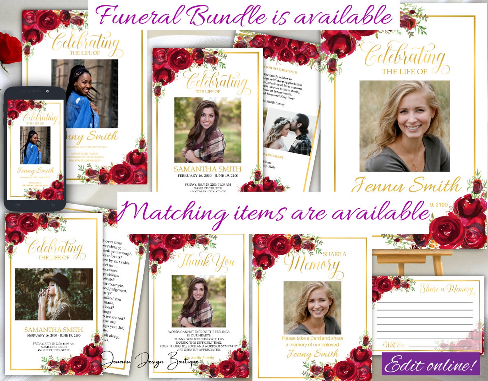 Red Roses Obituary Template Red Roses Funeral Program 8 Pages - Etsy