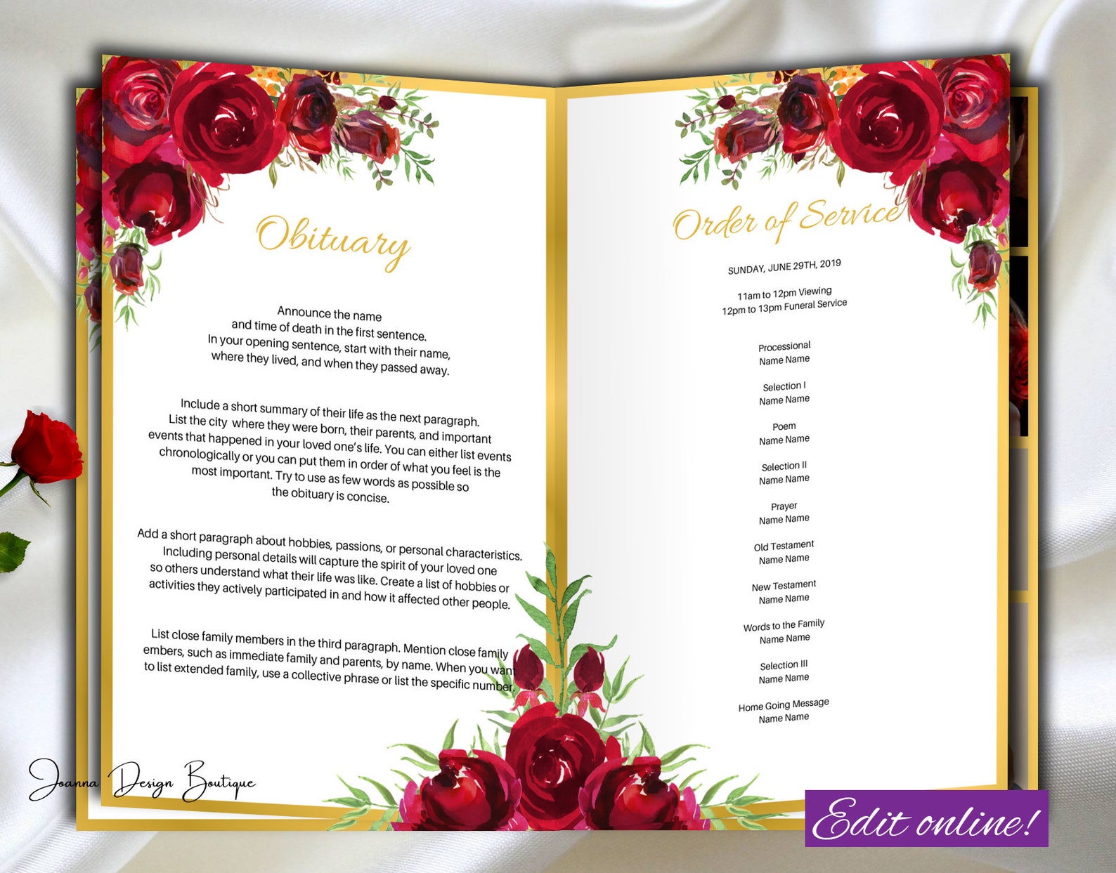 Red Roses Obituary Template Red Roses Funeral Program Funeral Program ...