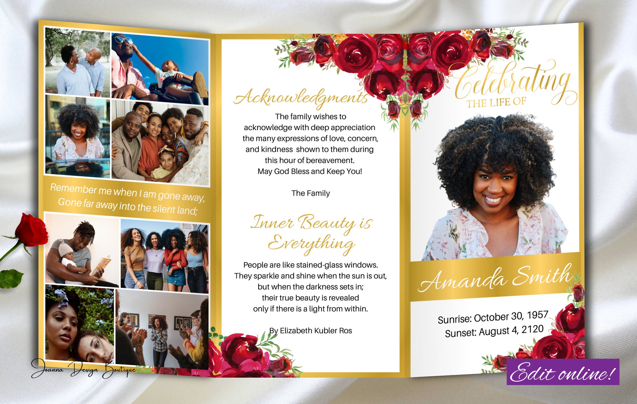 Funeral Program for Women Trifold Red Roses Funeral Program With Red ...