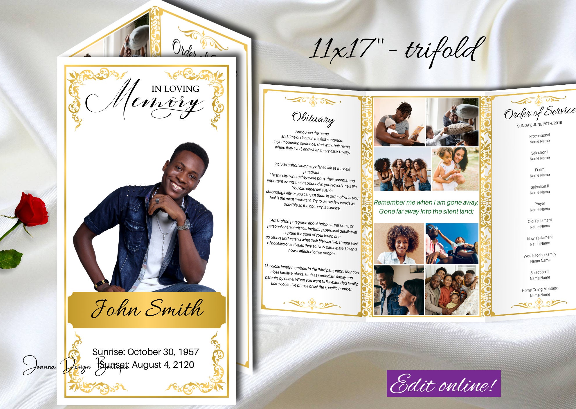 White Gold Funeral Program Template Trifold Gold Memorial Service ...