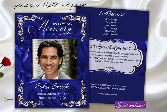 Blue Roses Funeral Obituary Program 11x17 Blue Flowers Luxury | Etsy
