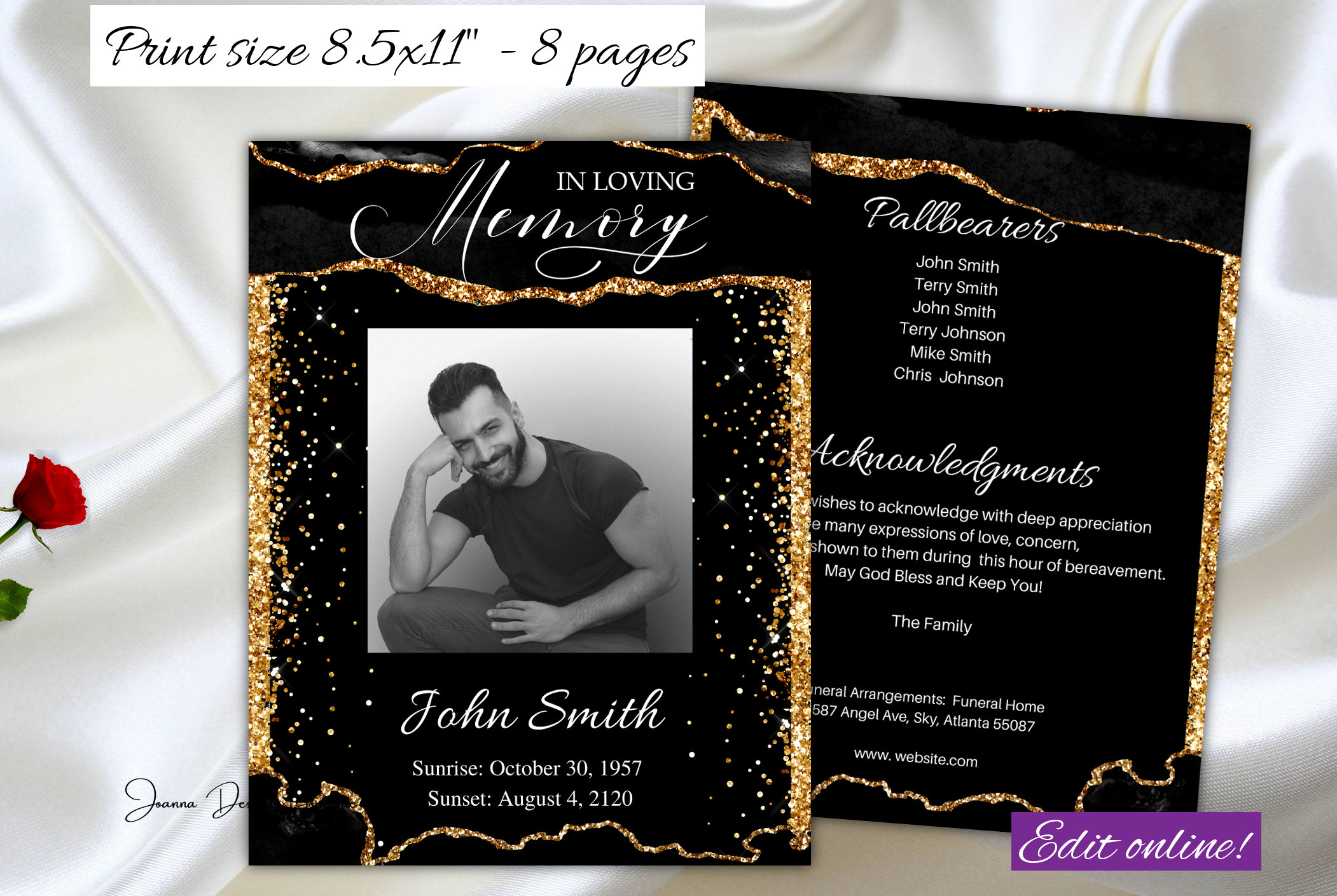 Black Gold Funeral Program Template Obituary Template Modern | Etsy