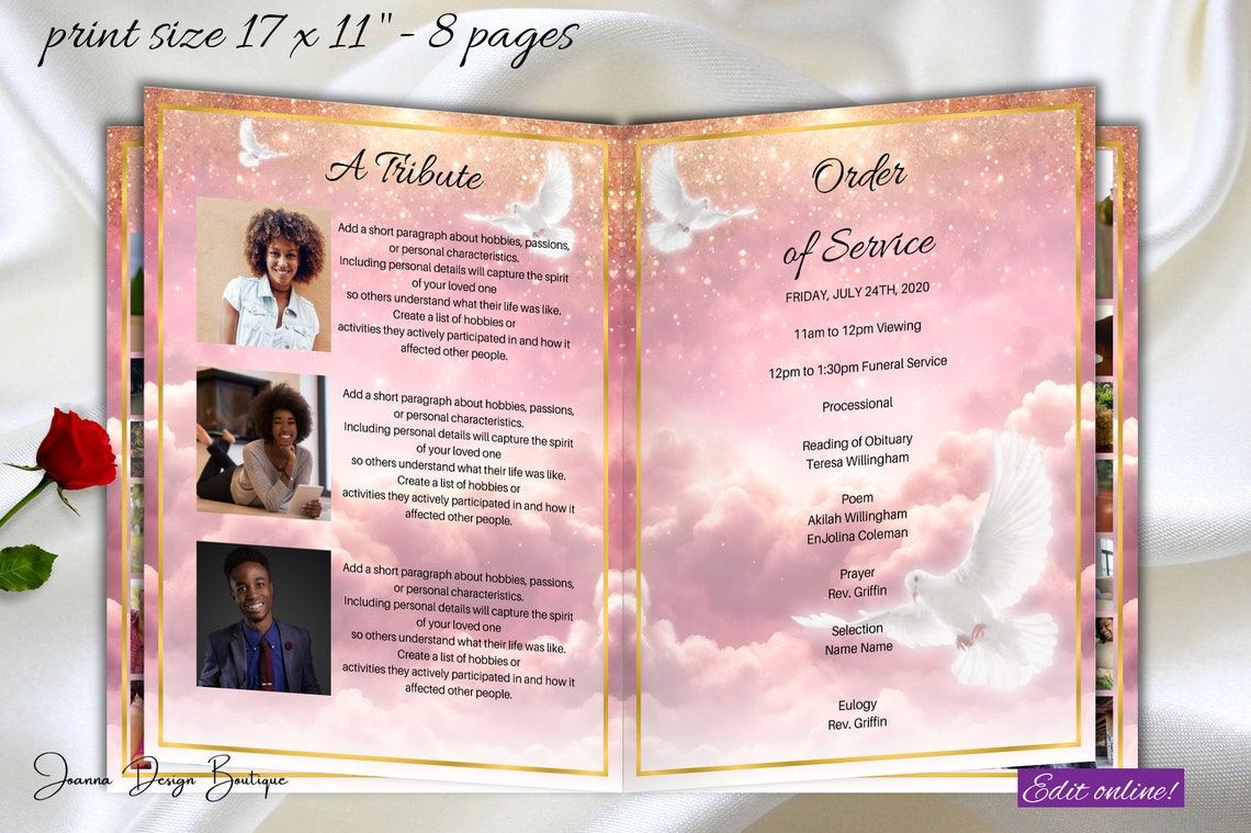 Pink Gold Sky Obituary Funeral Program Gate to Heaven Obituary Female ...