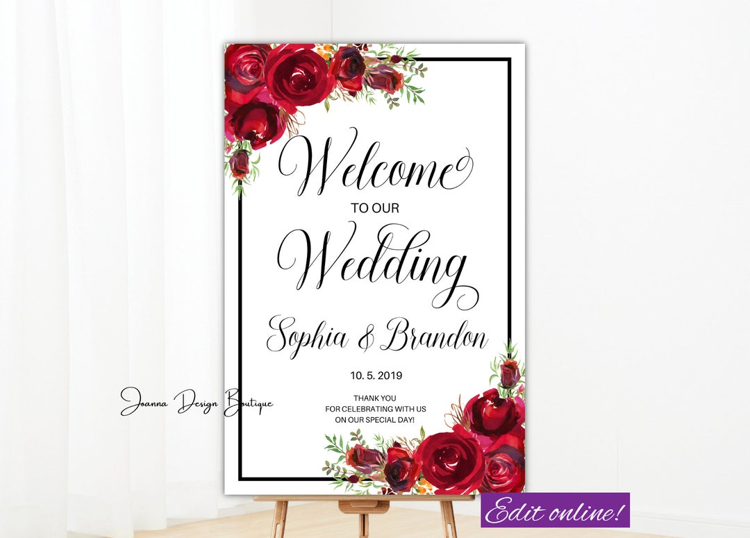 Red Roses Wedding Welcome Sign Printable Red Flowers Welcome Wedding ...