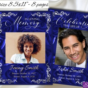 Blue Roses Funeral Obituary Program 8.5x11 Blue Flowers Luxury Obituary ...