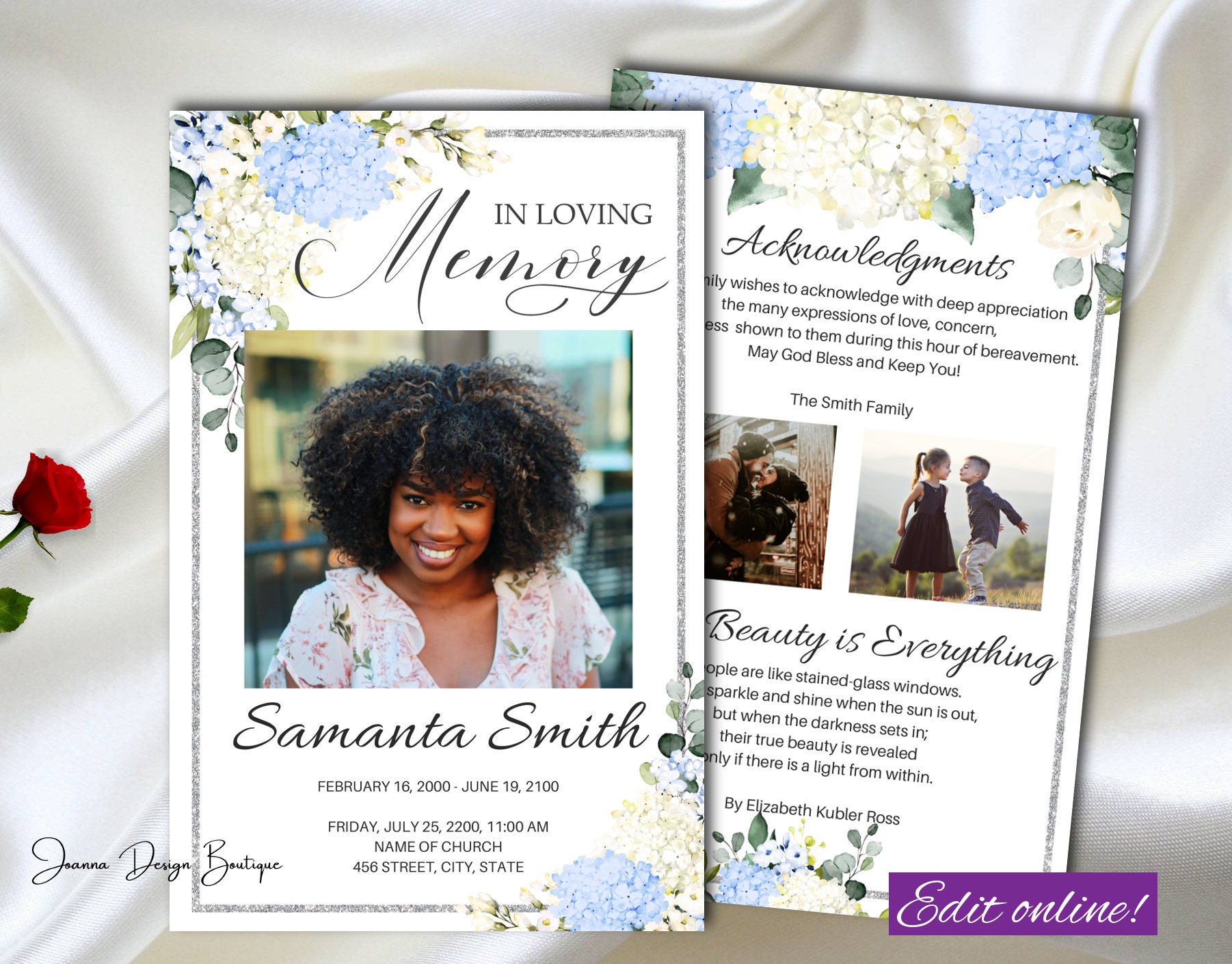 Hydrangeas Funeral Program Template for Women Blue White Flowers ...