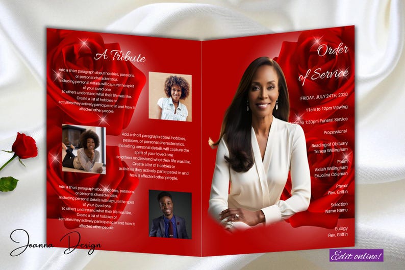 Red Roses Funeral Program Obituary Template Red Sky Funeral Program ...