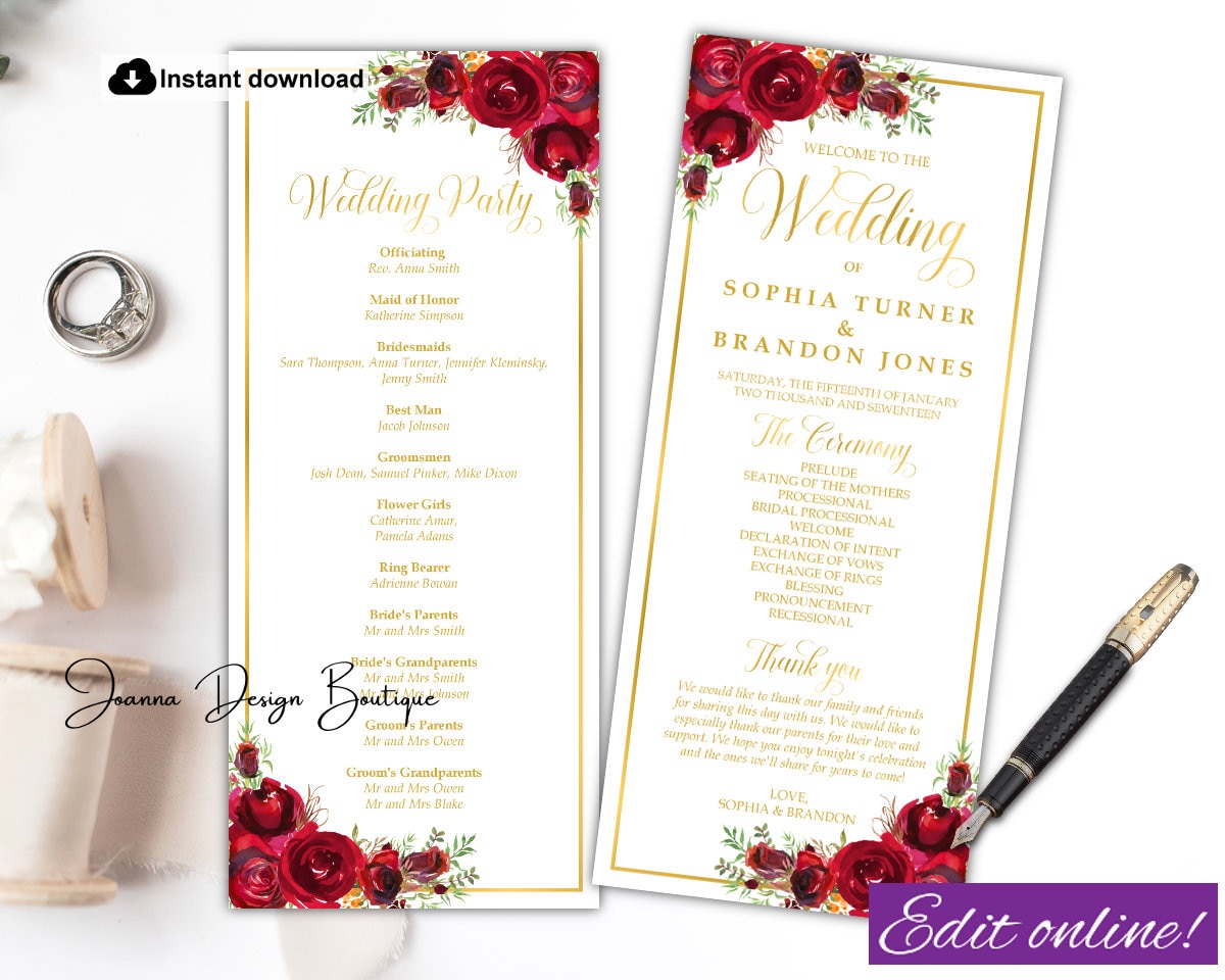 Red Roses Wedding Program Template Tea Length Red Flowers Wedding Program Floral Red Wedding ...