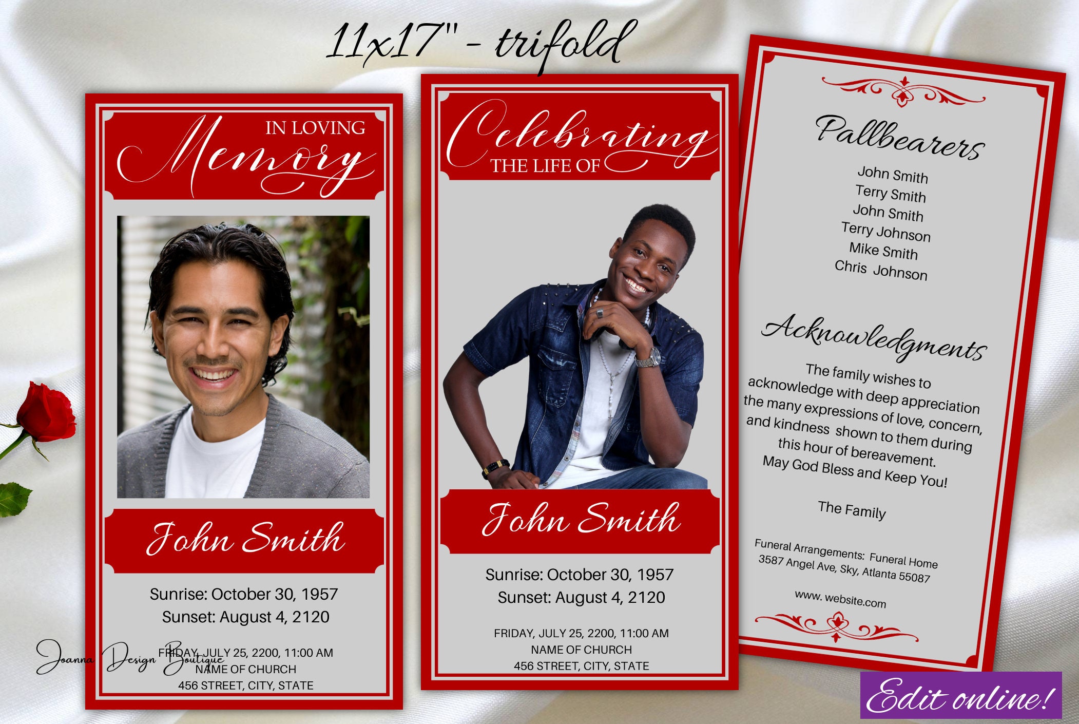 Red Gray Funeral Program Template Trifold Red Memorial Service - Etsy