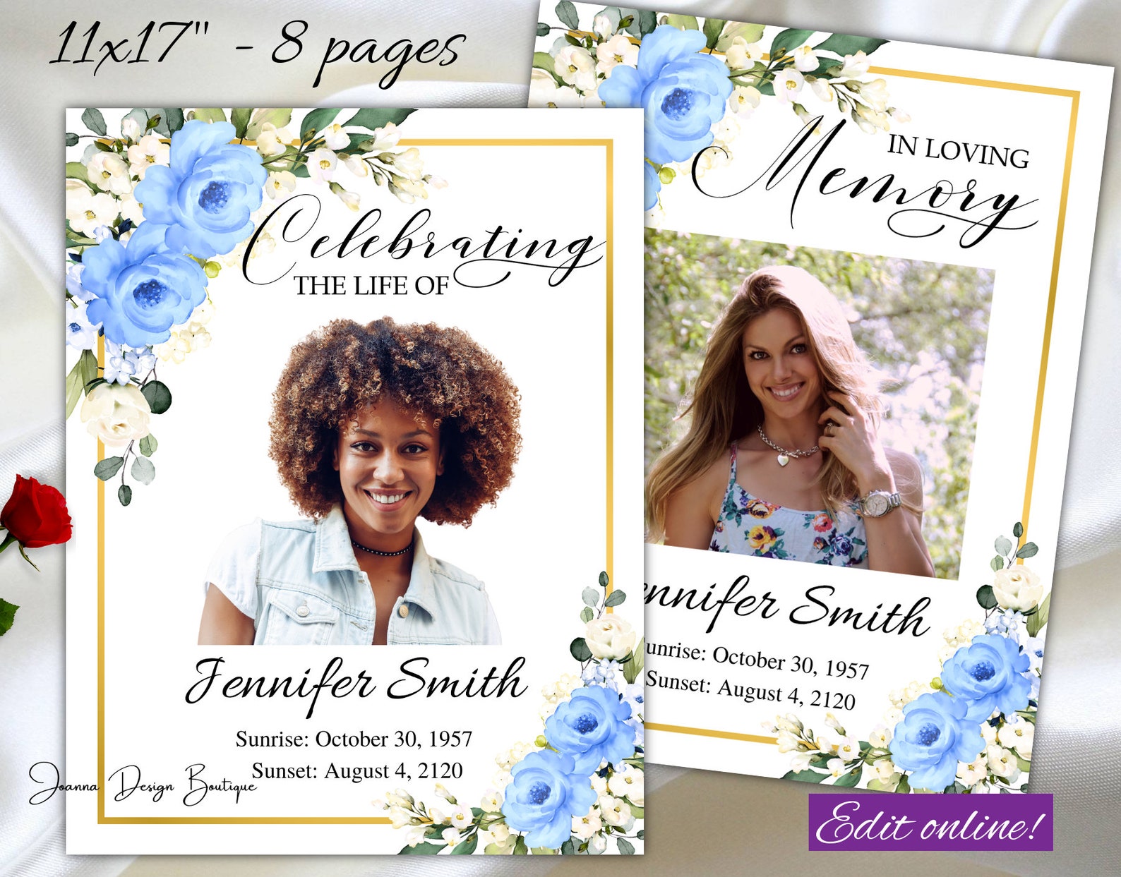 Blue Flowers Funeral Program Template 8 Pages Ledger Obituary | Etsy