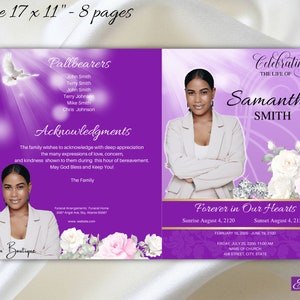 Purple White Roses Funeral Program 11x17 Purple Obituary Funeral ...