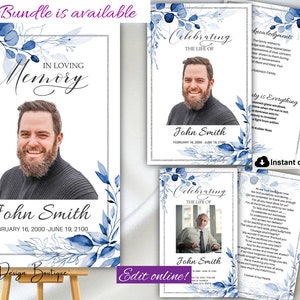 Blue Silver Funeral Program Template Blue Funeral Program for Man Men ...
