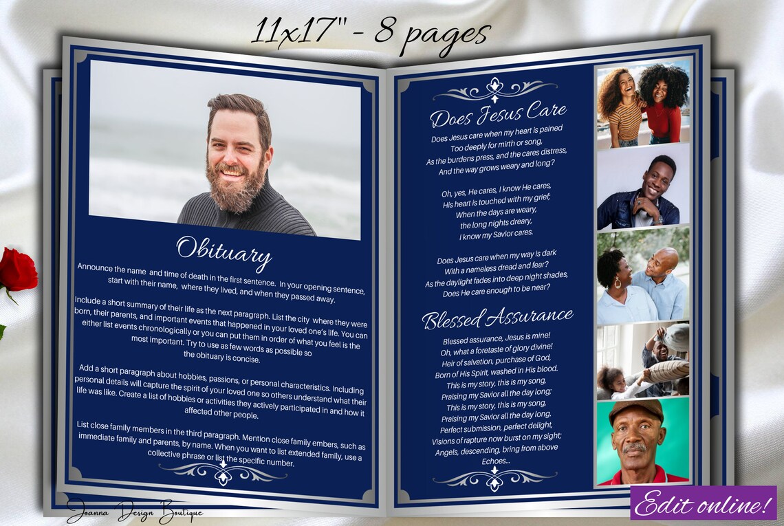 Blue Silver Funeral Program Template 11x17" 8 Pages Blue Obituary Man ...