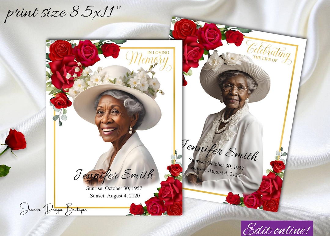 Red Roses Funeral Program Obituary for Women Red Roses Obituary Funeral ...
