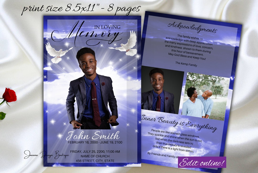 Blue Sky Obituary Funeral Program Men's Modern Navy Blue Memorial ...