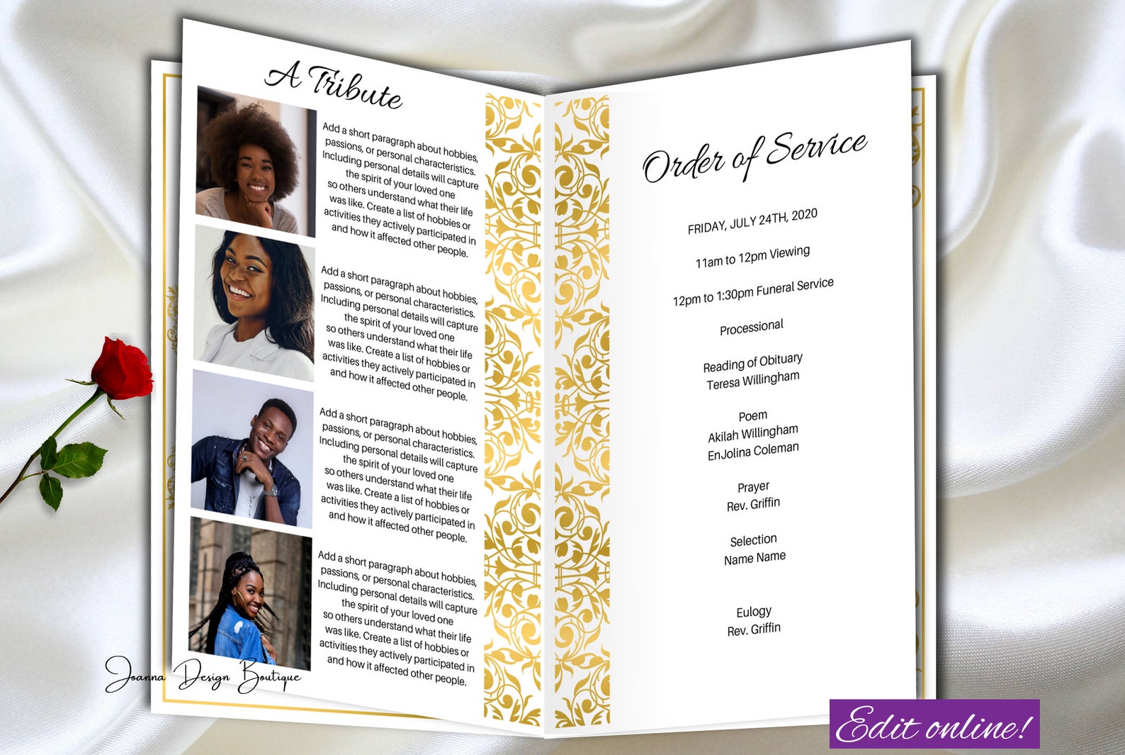 Gold Funeral Program Template Royal Funeral Program for Women - Etsy