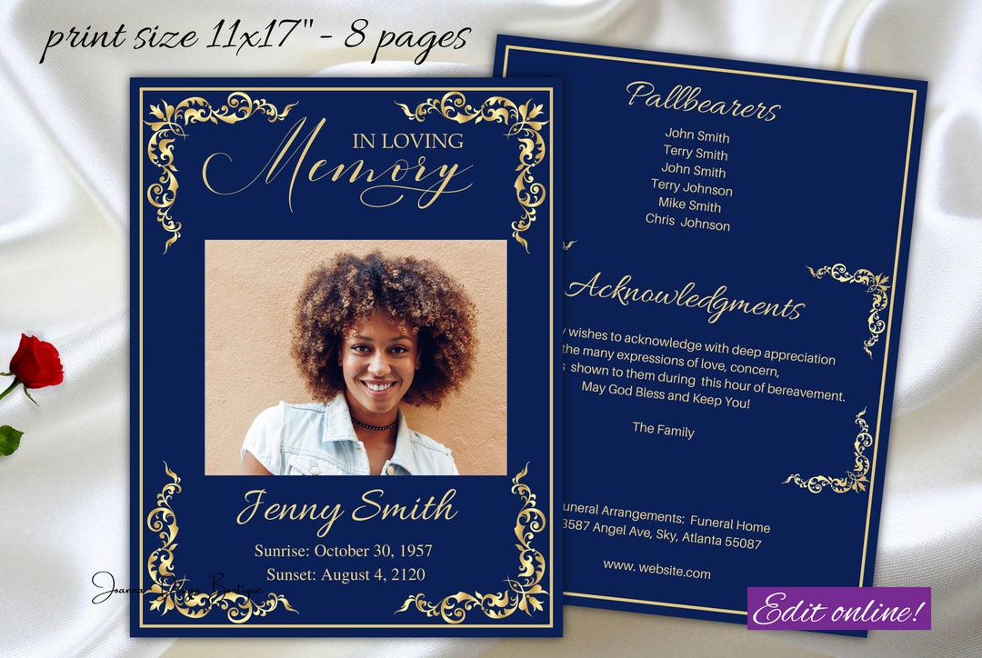 Blue Gold Obituary Funeral Program Template 11x17" 8 Pages Man Dygnity ...
