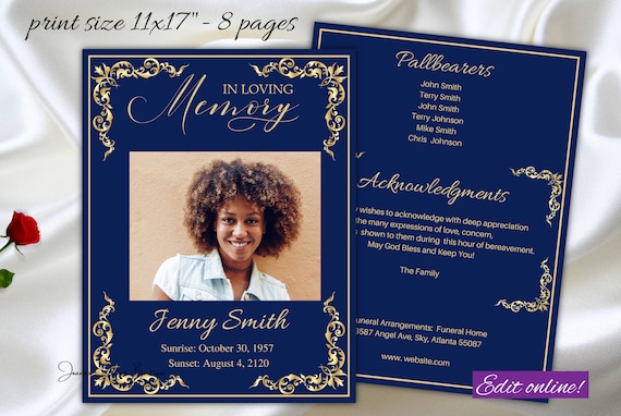 Blue Gold Obituary Funeral Program Template 11x17 8 | Etsy