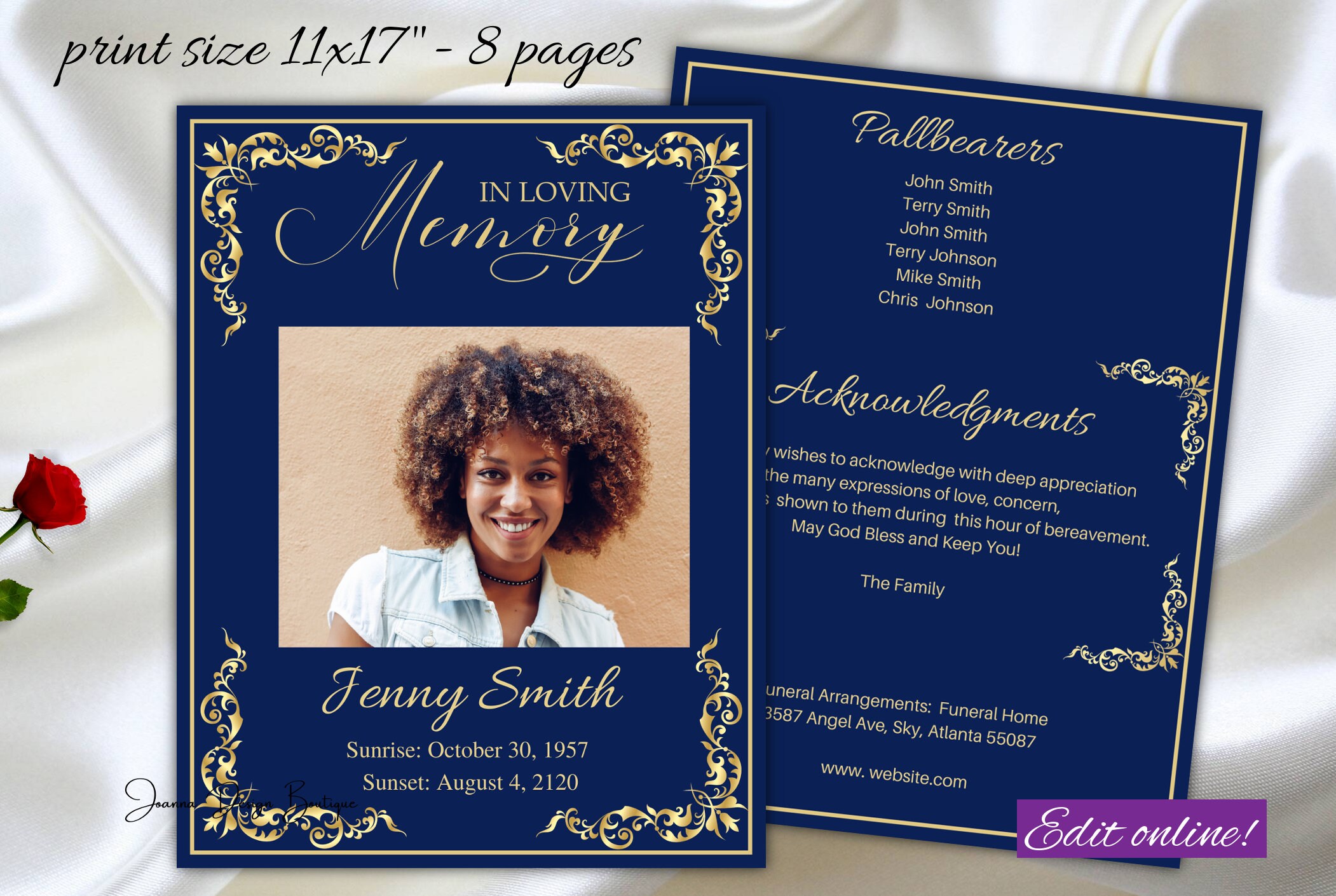 Blue Gold Obituary Funeral Program Template Man Dygnity Memorial ...