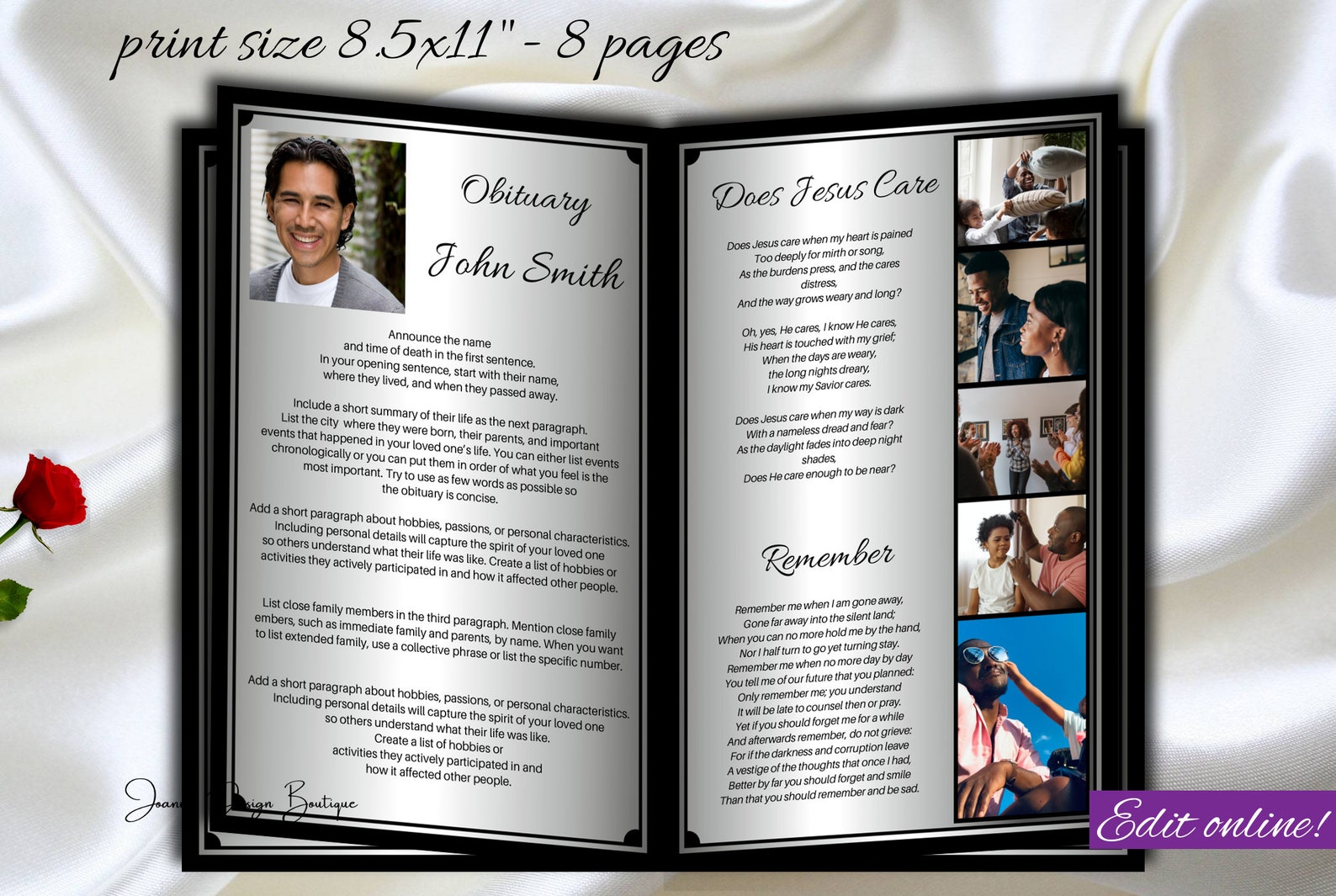 Black Silver Obituary Program Template 8 Pages Silver Funeral | Etsy