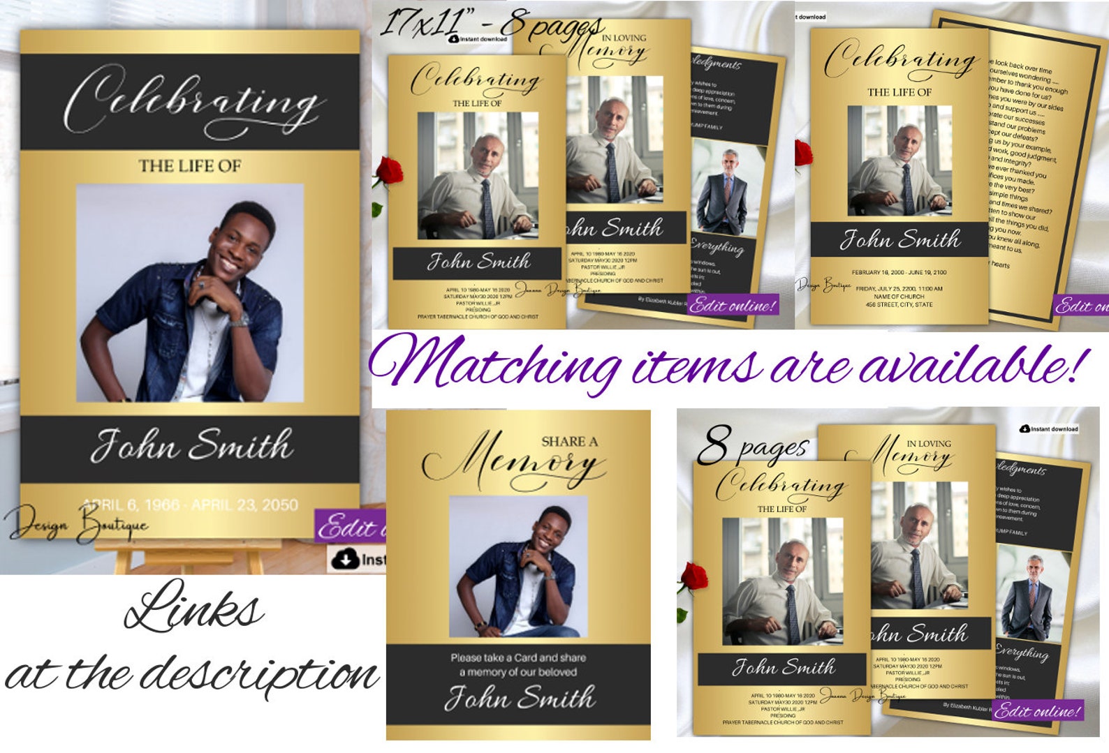 Gold Funeral Program 8 Pages Black Gold Obituary Template for Man Men ...