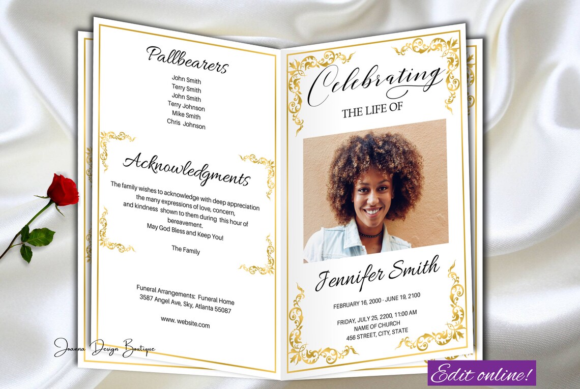 Gold Funeral Program Template Royal Funeral Program for Women - Etsy