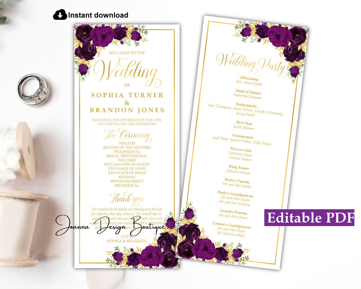 Templates Invitations & Paper Wedding Program Template DIY Editable ...