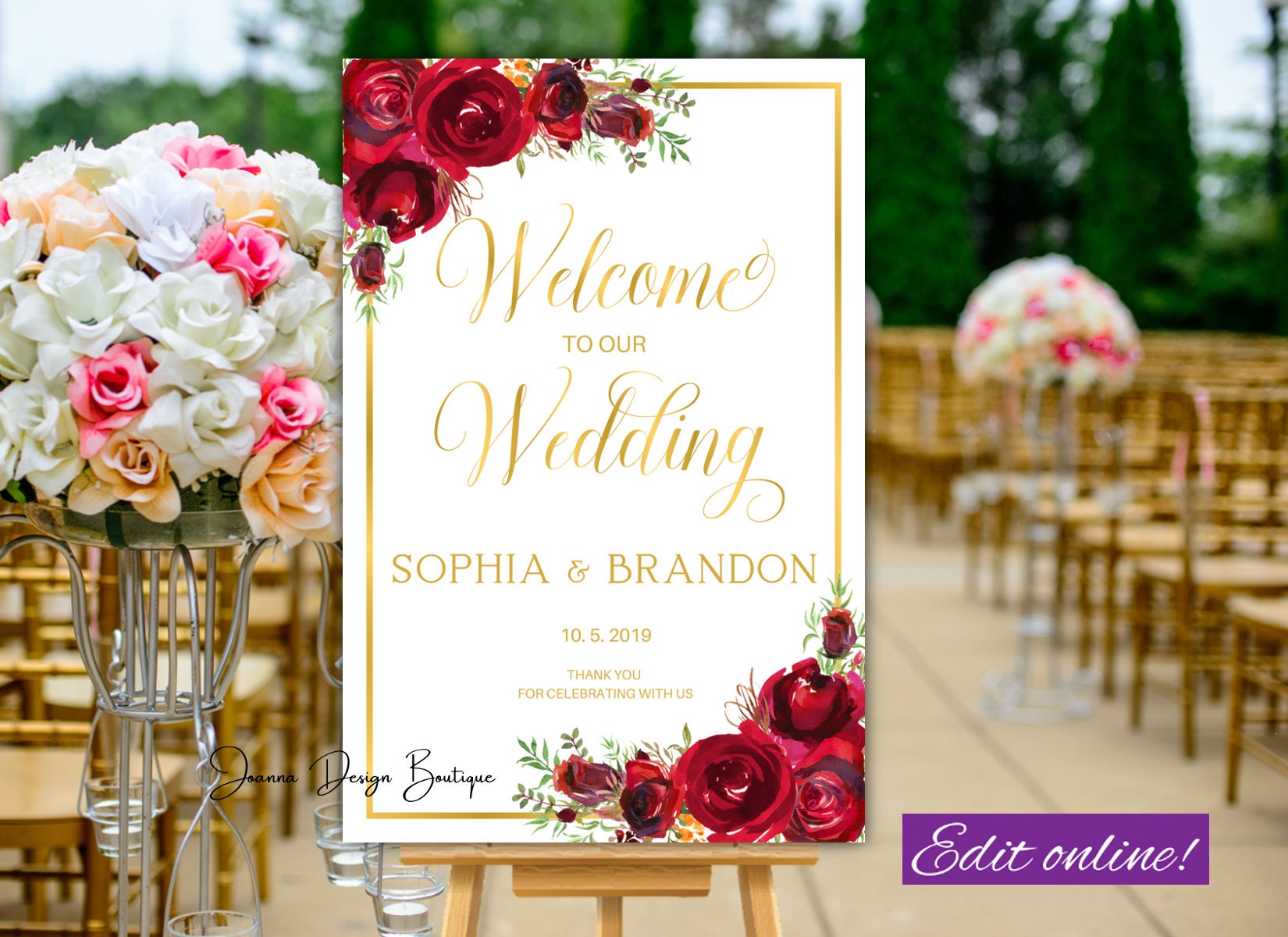 Red Roses Wedding Welcome Sign Printable Red Flowers Welcome - Etsy UK