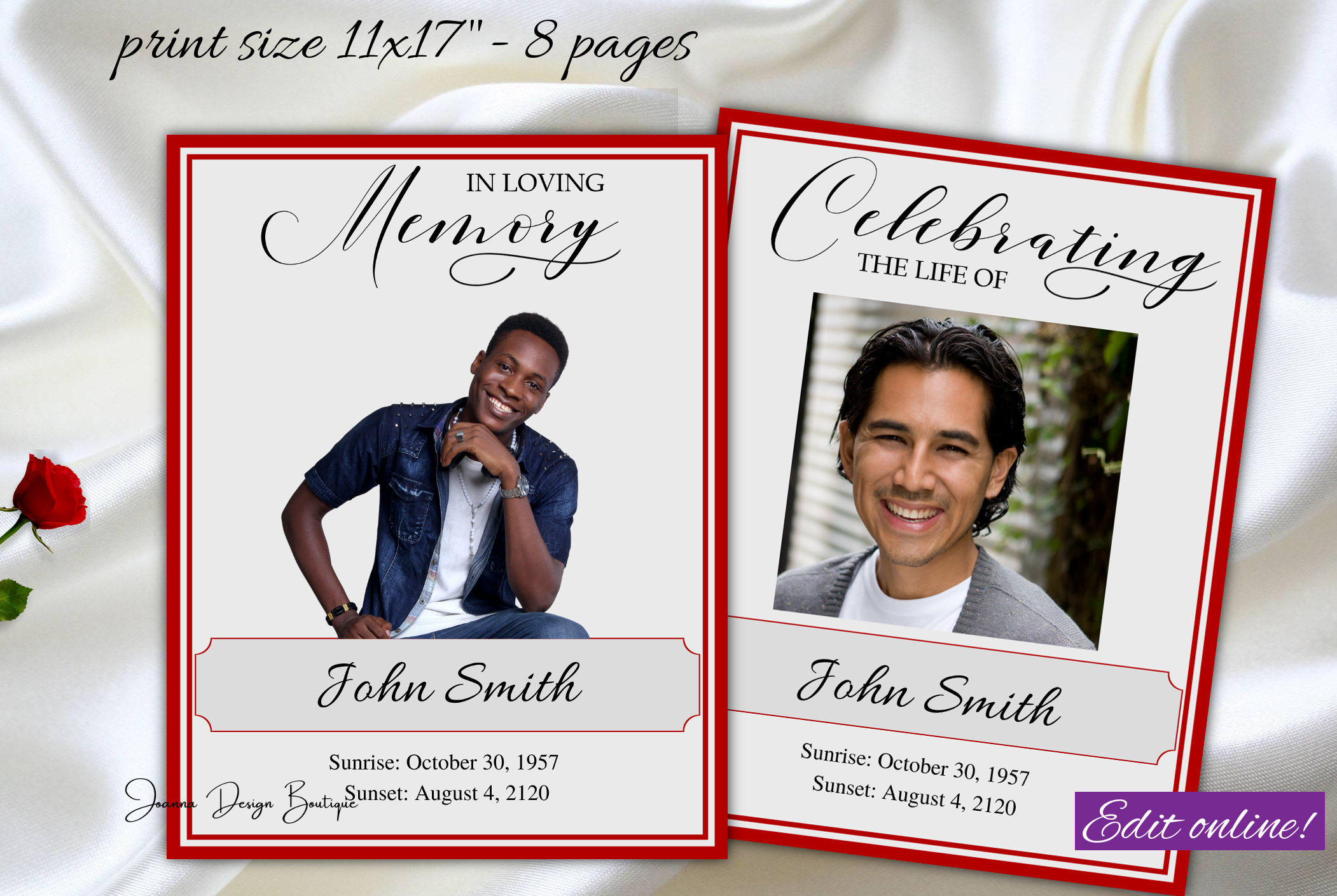 Red Gray Obituary Funeral Program Template 11x17 Red Memorial Service ...