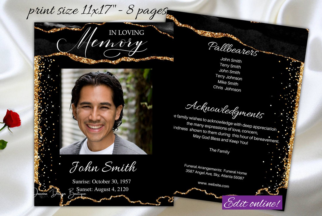 Black Gold Obituary Funeral Program Template Elegant Memorial Service ...