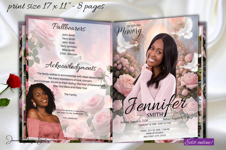 Pink Roses Funeral Program Pink Sky Obituary Stairway to Heaven Heavens ...
