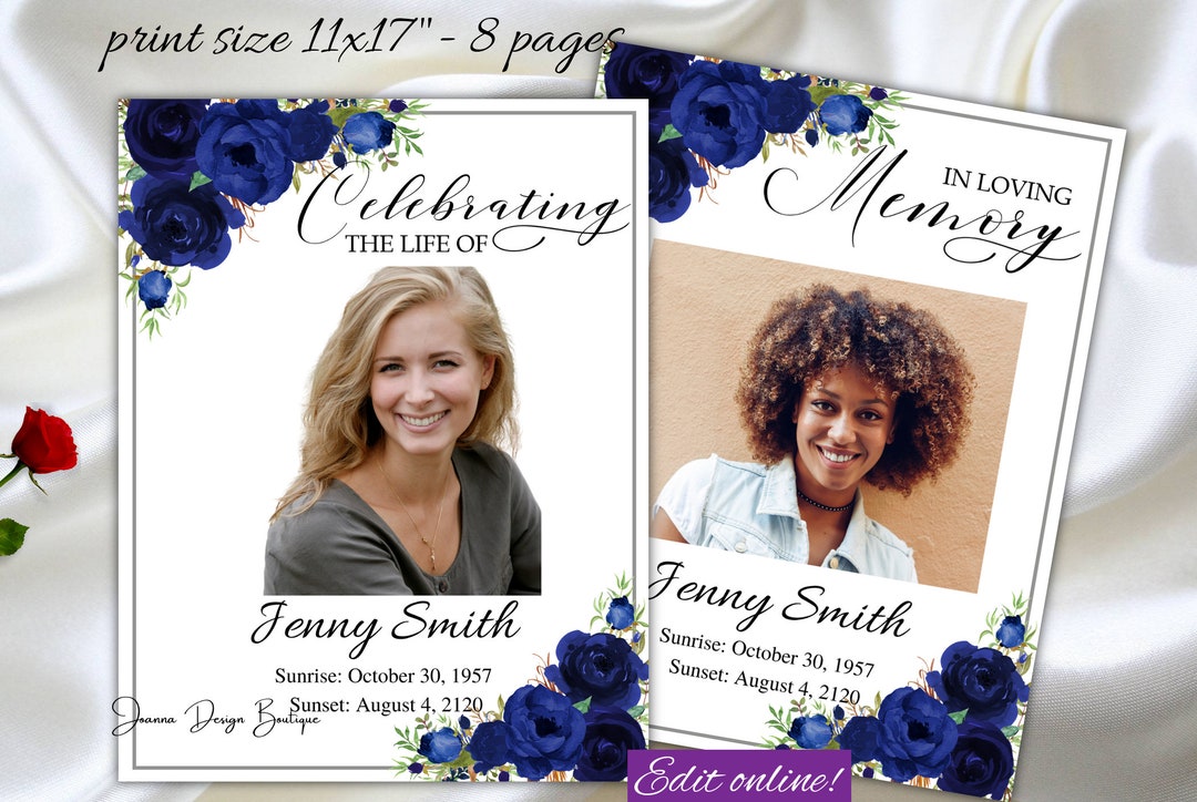 Navy Blue Flowers Funeral Program Template 8 Pages Ledger Obituary ...