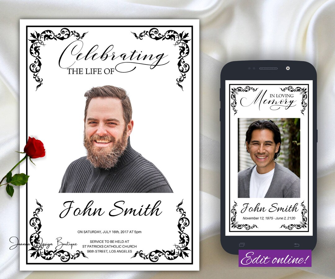 White Black Funeral Invitation Template Memorial Announcement Invite ...