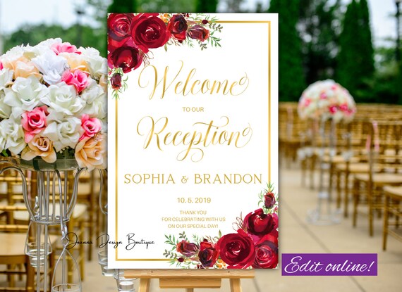 Red Roses Wedding Reception Sign Red Roses Wedding Welcome - Etsy