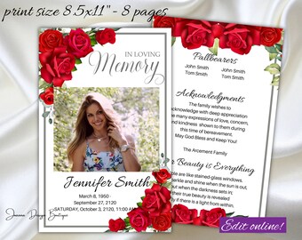 Red Roses Funeral Program for Women Roses Funeral Program With Red ...