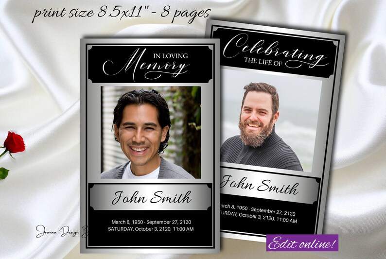 Black Silver Obituary Program Template 8 Pages Silver Funeral - Etsy