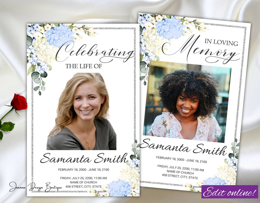 Hydrangeas Funeral Program Template for Women Blue White Flowers ...