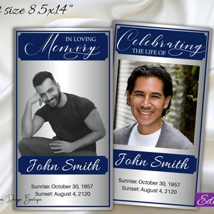 Blue Funeral Program Template Trifold Navy Blue Silver Memorial Service ...