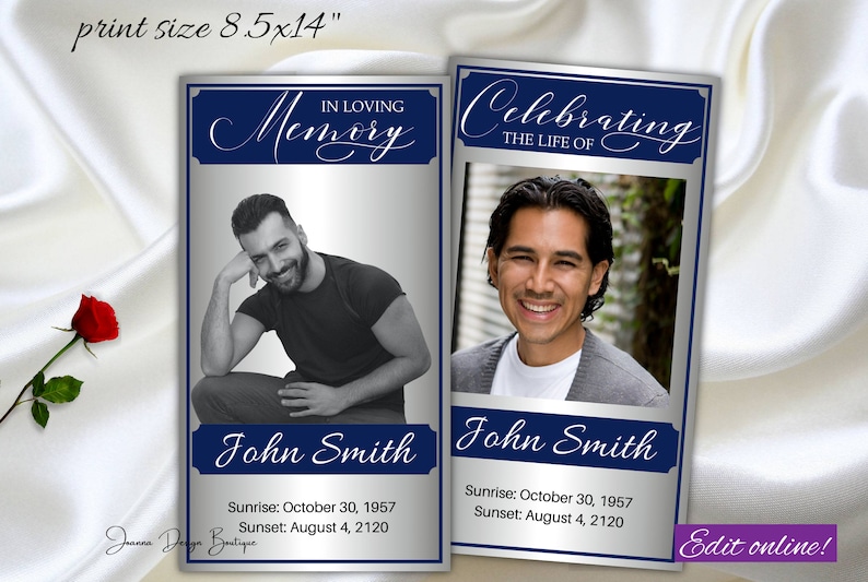 Blue Funeral Program Template Trifold Navy Blue Silver - Etsy