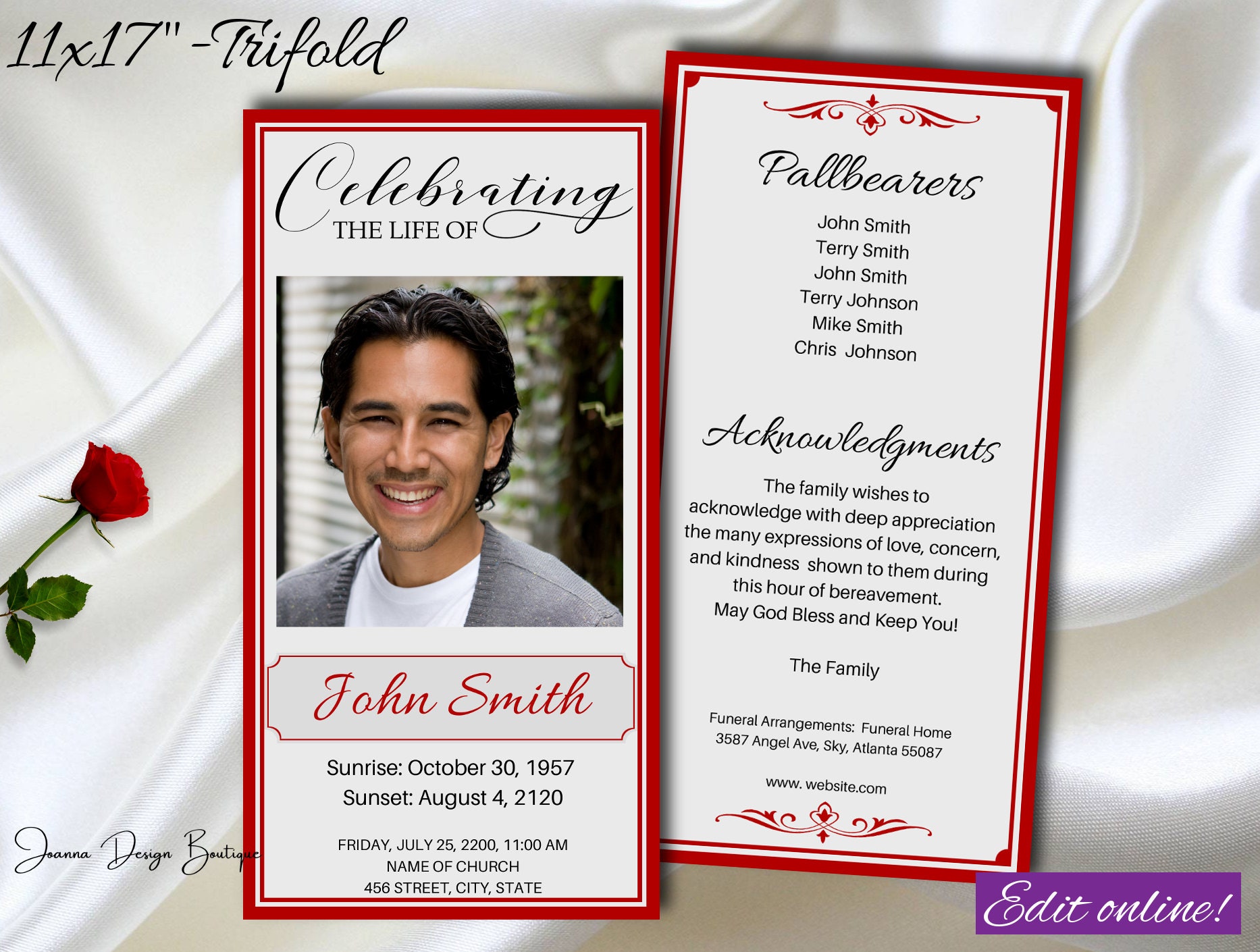 Red Gray Funeral Program Template Trifold Red Memorial Service Program ...