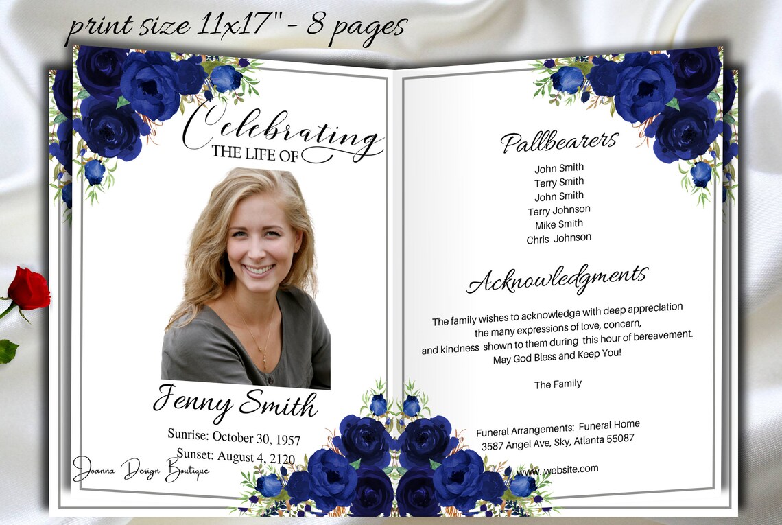 Navy Blue Roses Funeral Program Template 8 Page Ledger - Etsy