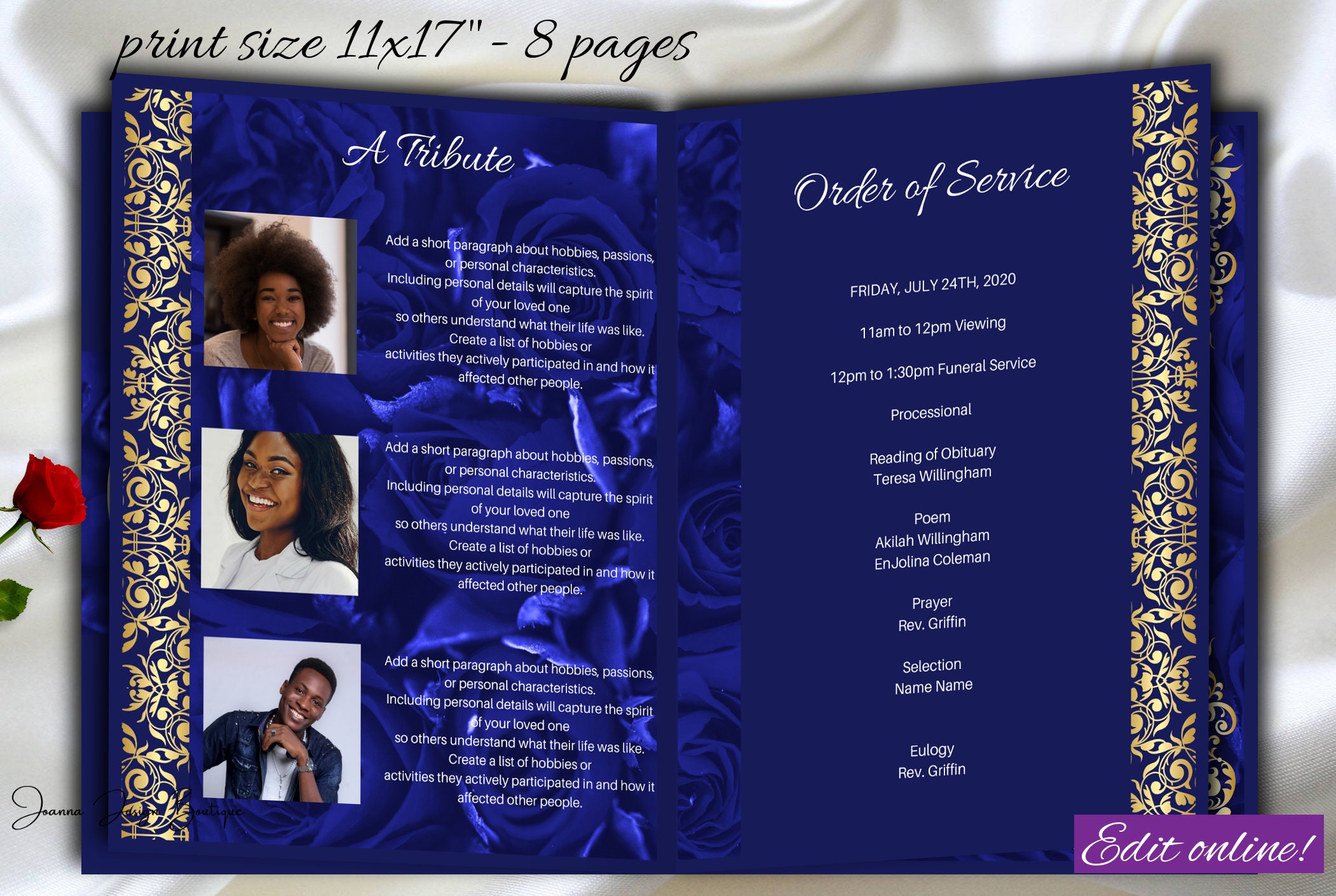 Blue Roses Funeral Obituary Program 11x17 Blue Flowers Luxury | Etsy
