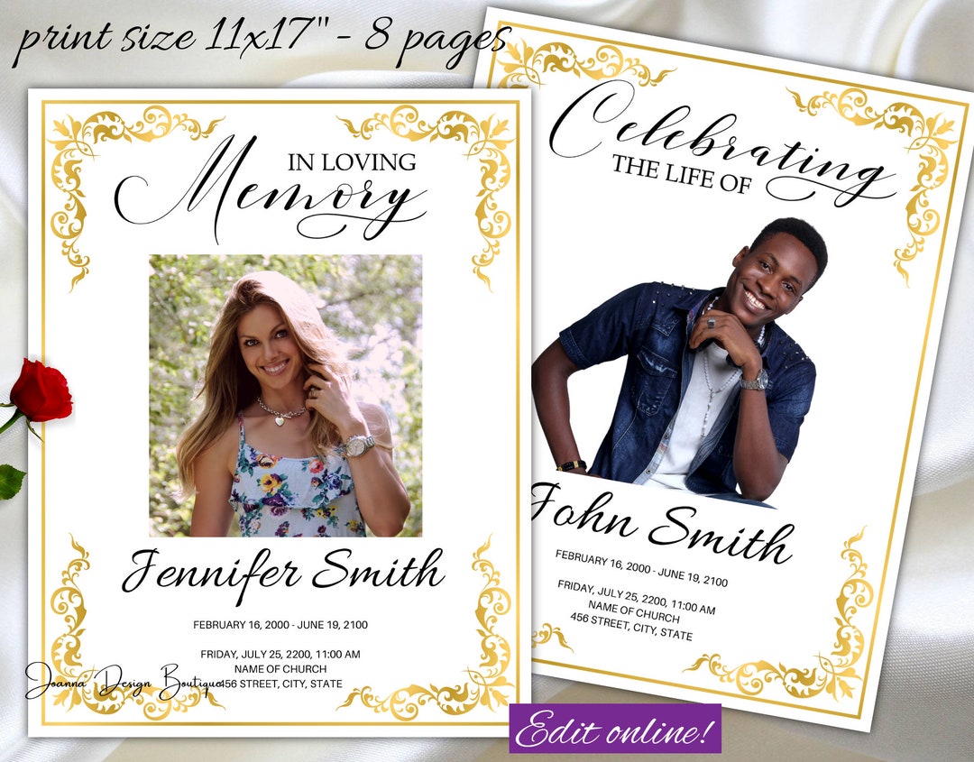 White Gold Funeral Program Template 8 Pages Male Man Gold Memorial ...