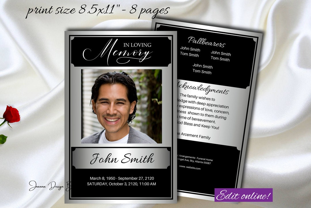 Black Silver Obituary Program Template 8 Pages Silver Funeral Program ...