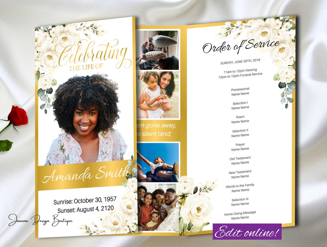 White Roses Funeral Program Template for Women Funeral Program Trifold ...