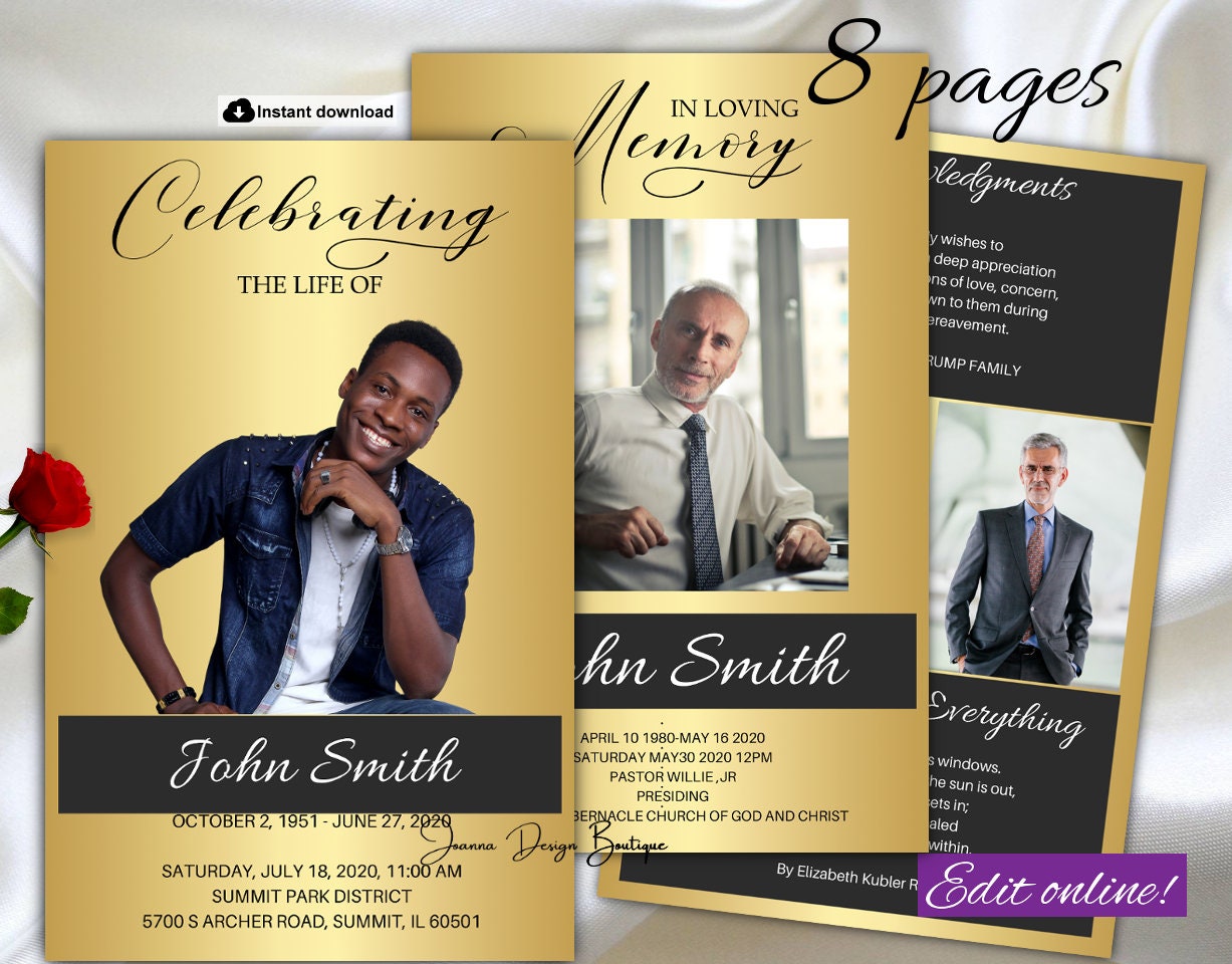 Gold Funeral Program 8 Pages Black Gold Obituary Template for - Etsy