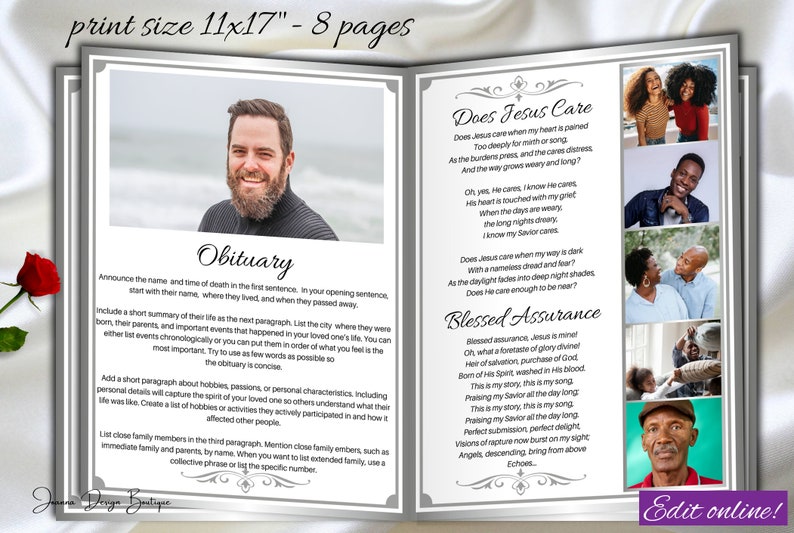 White Silver Funeral Program Template 11x17 8 Pages Male - Etsy