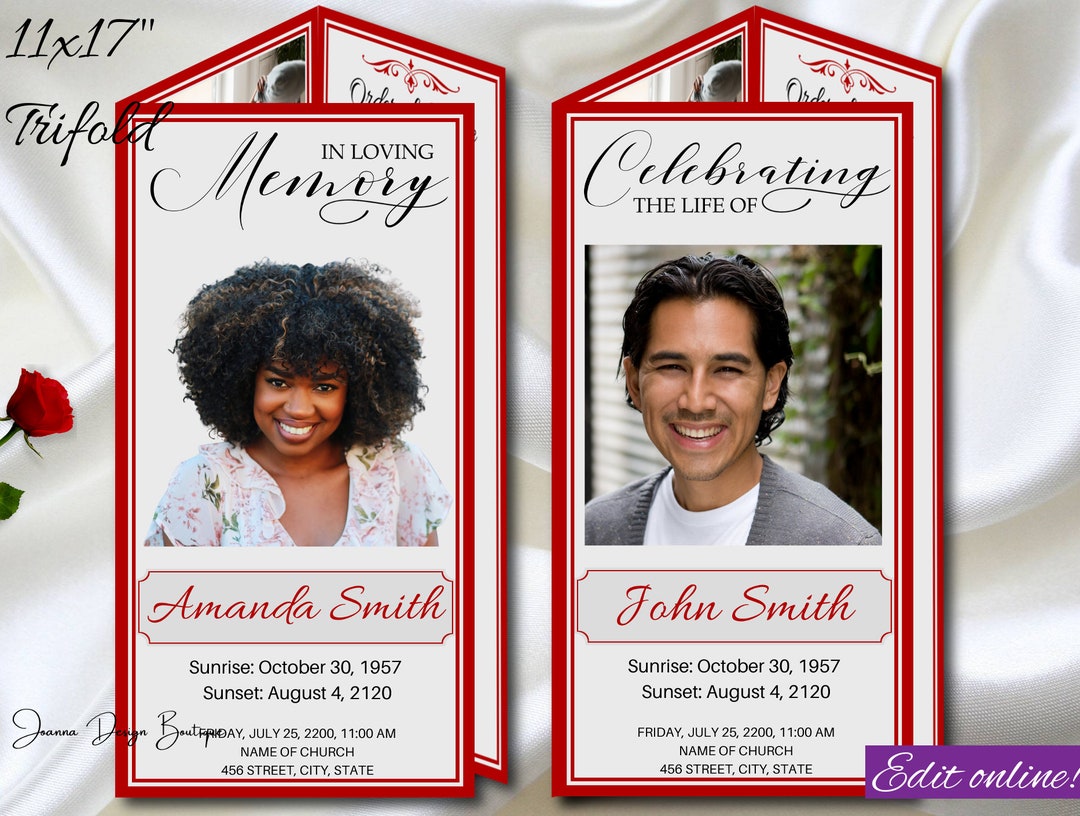 Red Gray Funeral Program Template Trifold Red Memorial Service Program ...