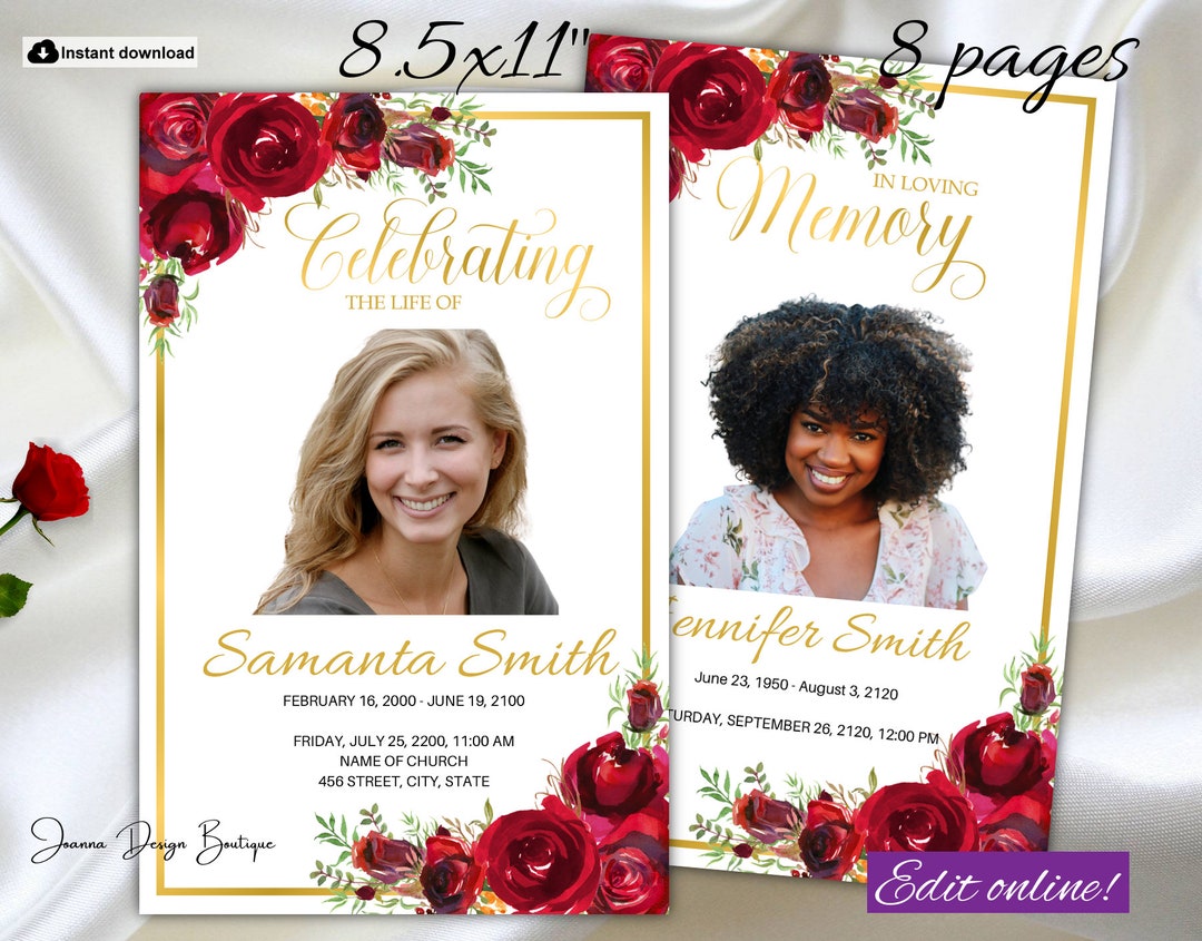 Red Roses Obituary Template Red Roses Funeral Program Funeral Program ...