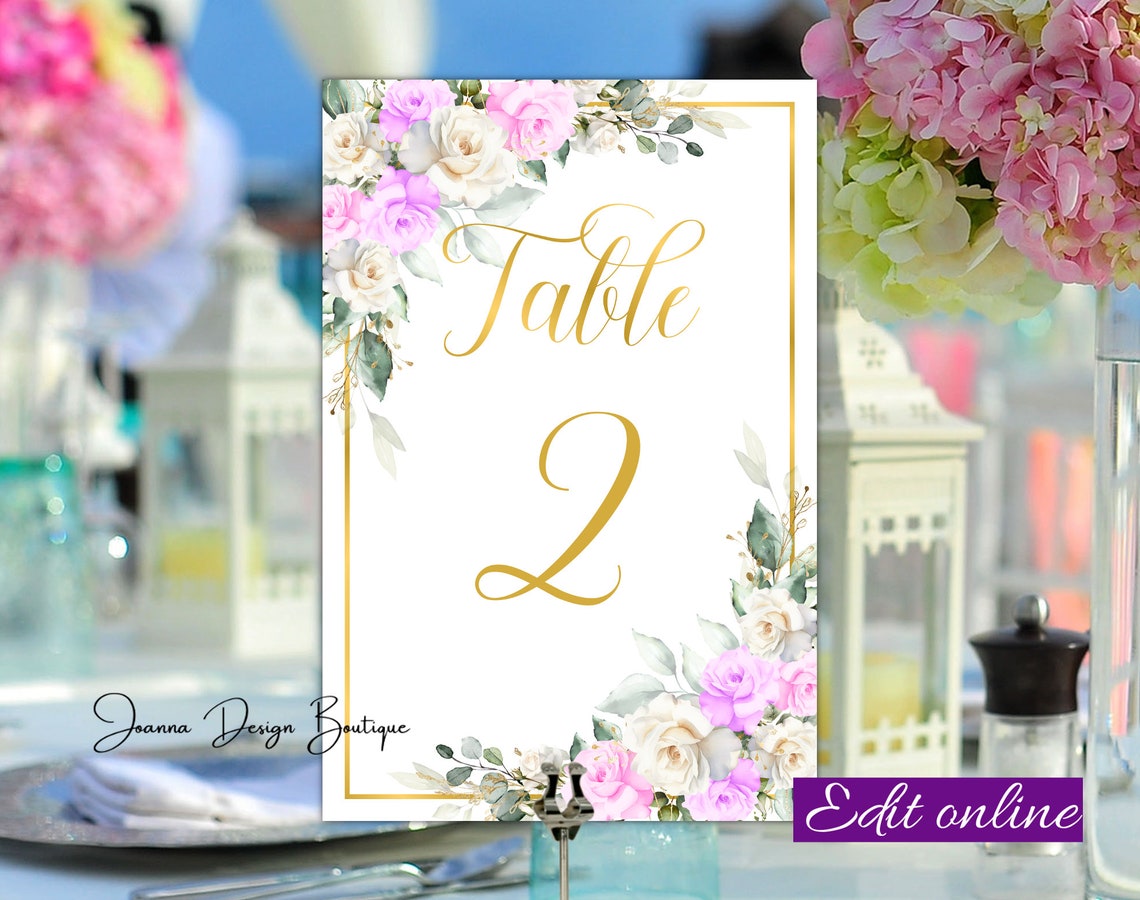 Pastel Roses Table Numbers Printable White Purple Pink Flowers Table ...